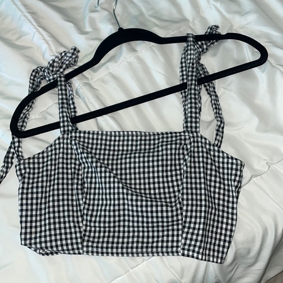 SHEIN | Tops | Shoulder Tie Crop Top Black White Checkered Pattern ...